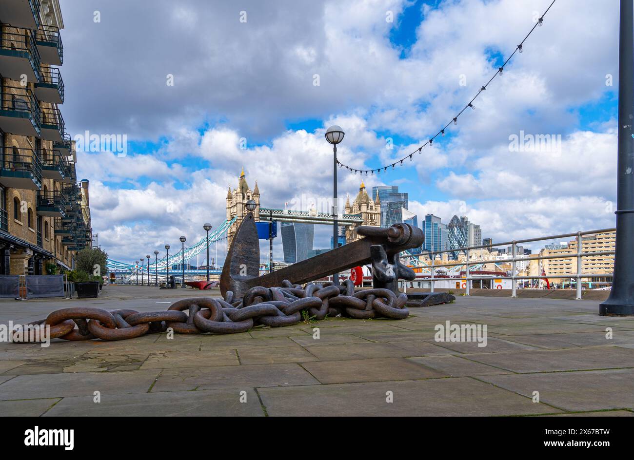 Large iron anchor with its chain belonging to a ship acting as a ...