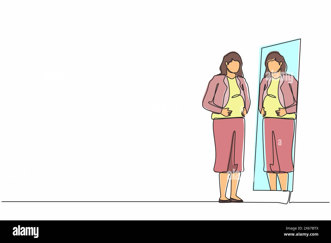 Continuous one line drawing businesswoman standing in front of mirror ...