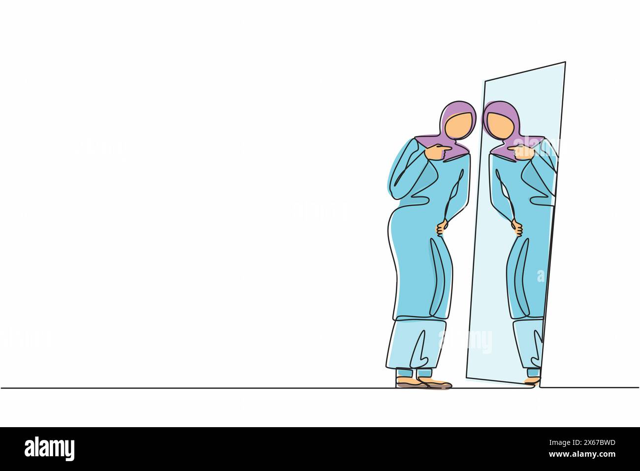 Continuous one line drawing angry Arab businesswoman fight with mirror ...