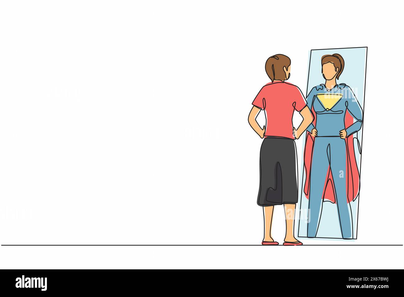 Single one line drawing businesswoman looking at reflection in mirror ...