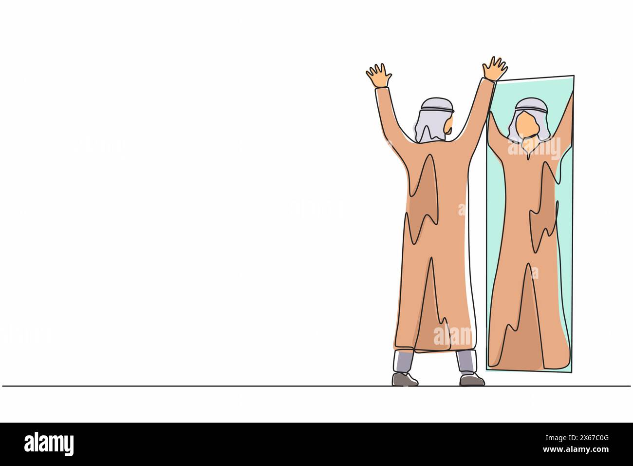 Single continuous line drawing happy Arab businessman look in mirror ...