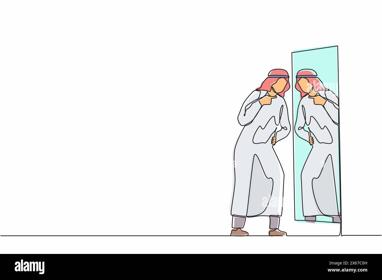 Continuous one line drawing angry Arabian businessman fight with mirror ...