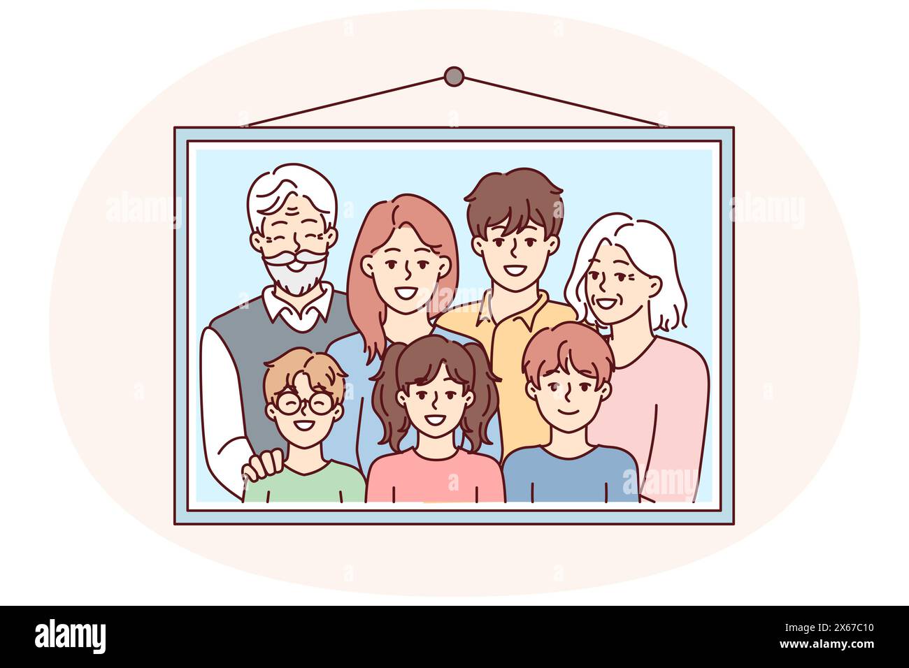 Family photo portrait in frame with teenage children and gray-haired ...