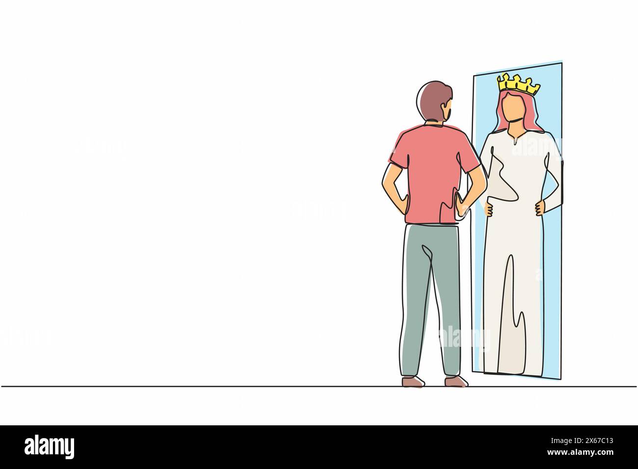 Single continuous line drawing Arab businessman looking at mirror and ...