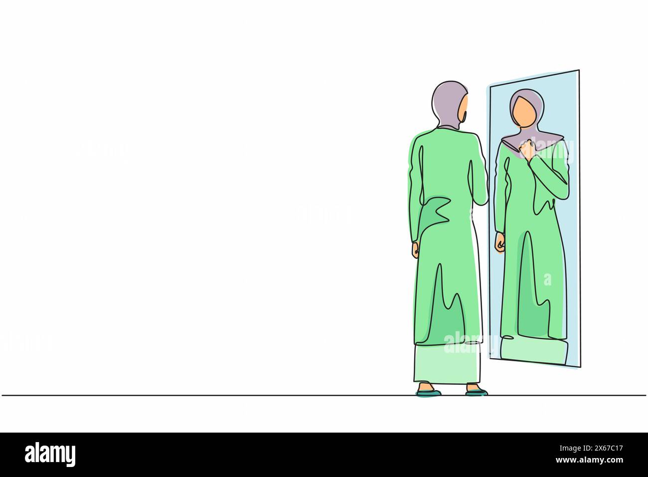 Continuous one line drawing Arabian businesswoman adjusting hijab in ...