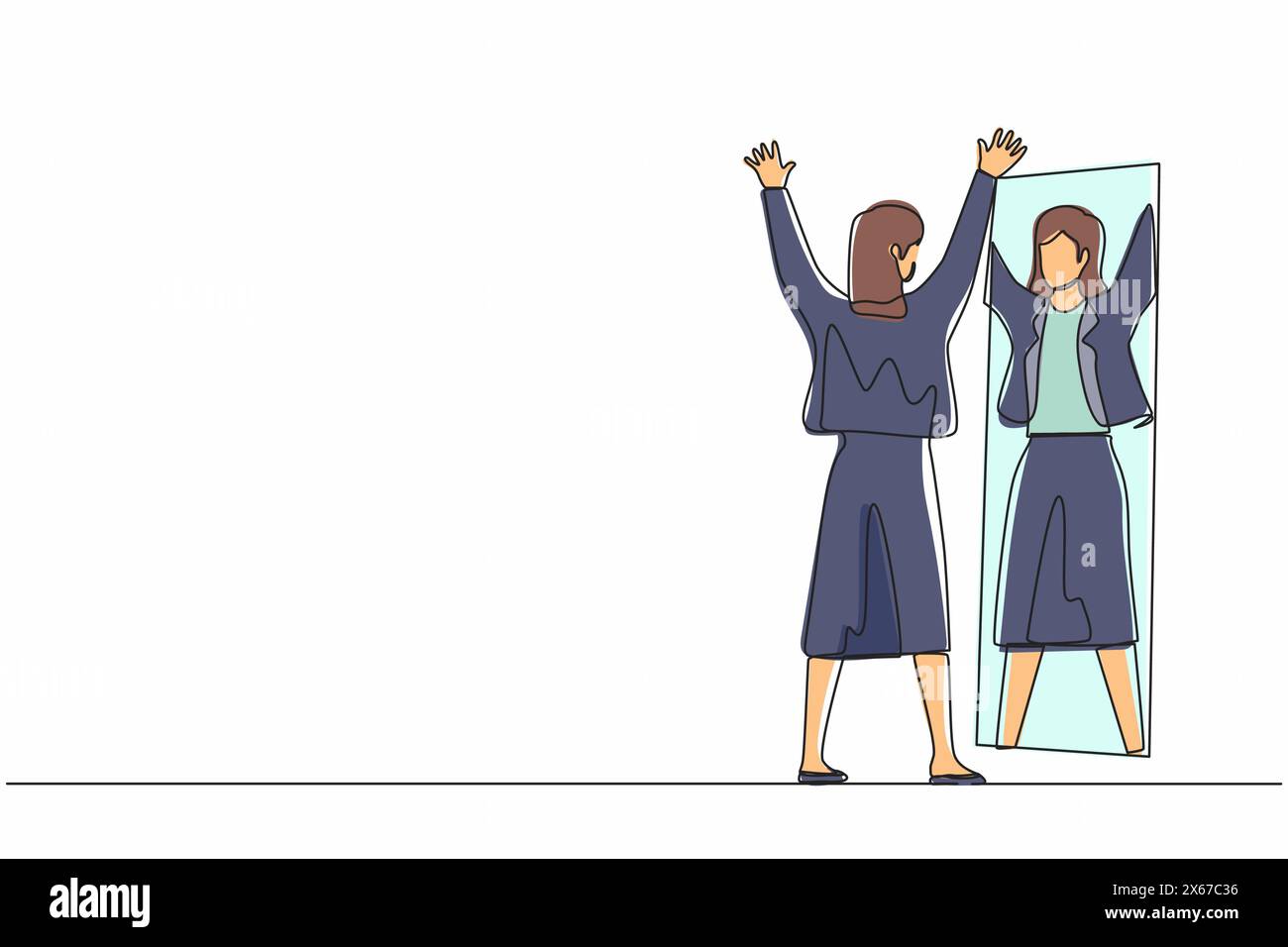 Continuous one line drawing happy businesswoman look in mirror with ...