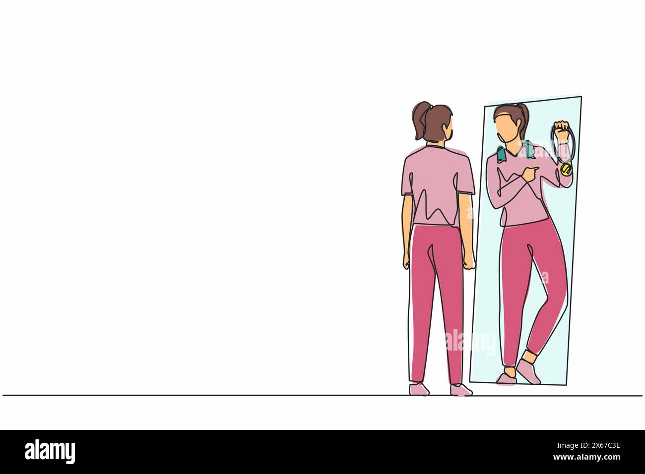 Single one line drawing businesswoman looking at mirror and seeing in ...