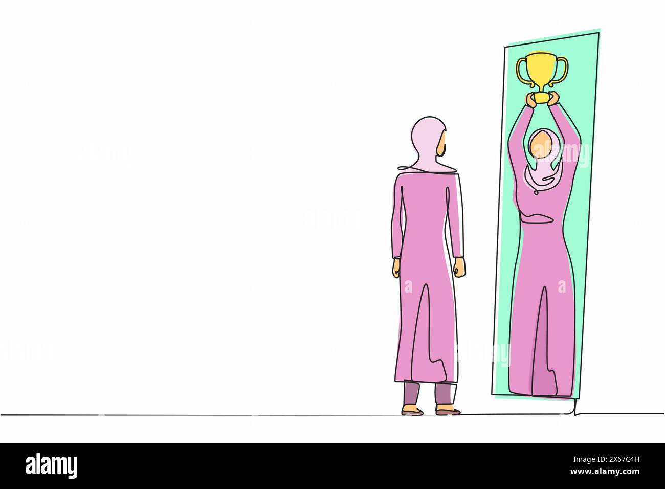 Single one line drawing Arab businesswoman looking herself happy and ...