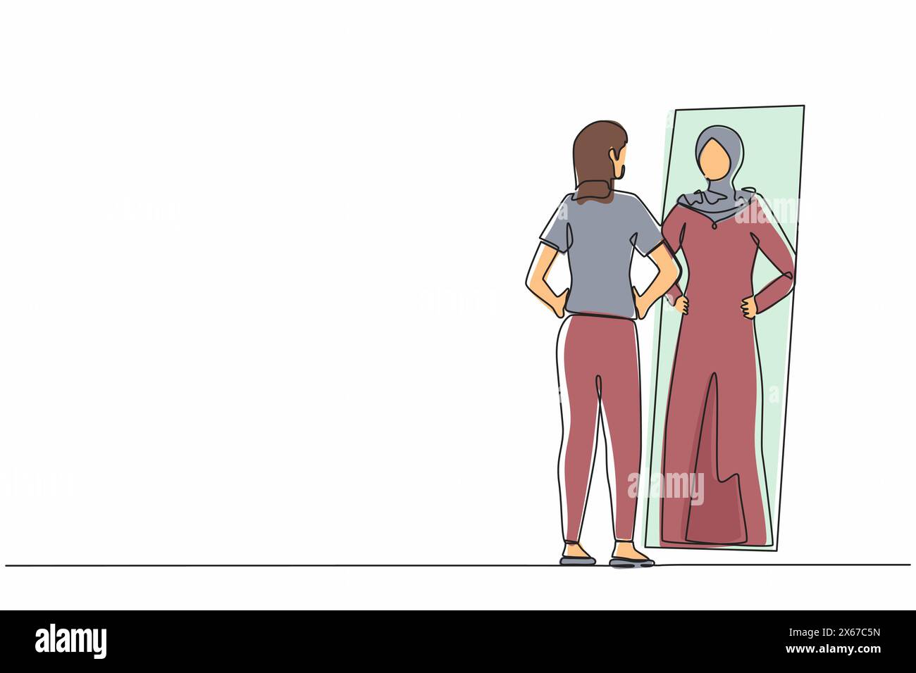 Single continuous line drawing Arab businesswoman looking at reflection ...