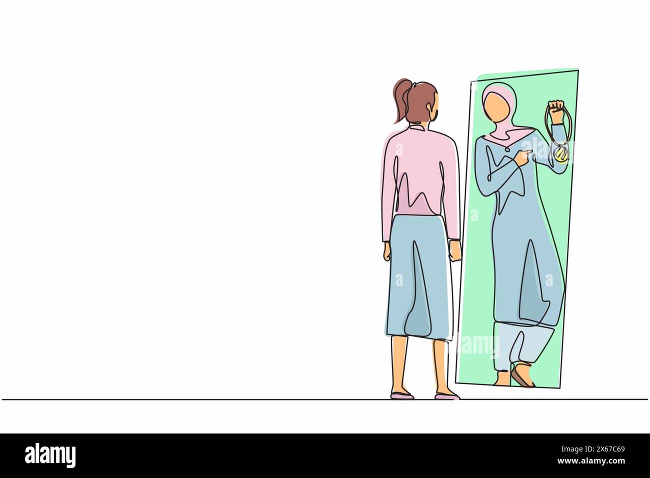 Continuous one line drawing Arabian businesswoman looking at mirror and ...