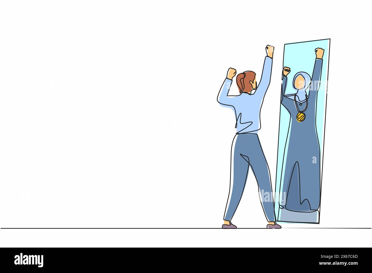 Single one line drawing narcissistic Arabian businesswoman looking at ...