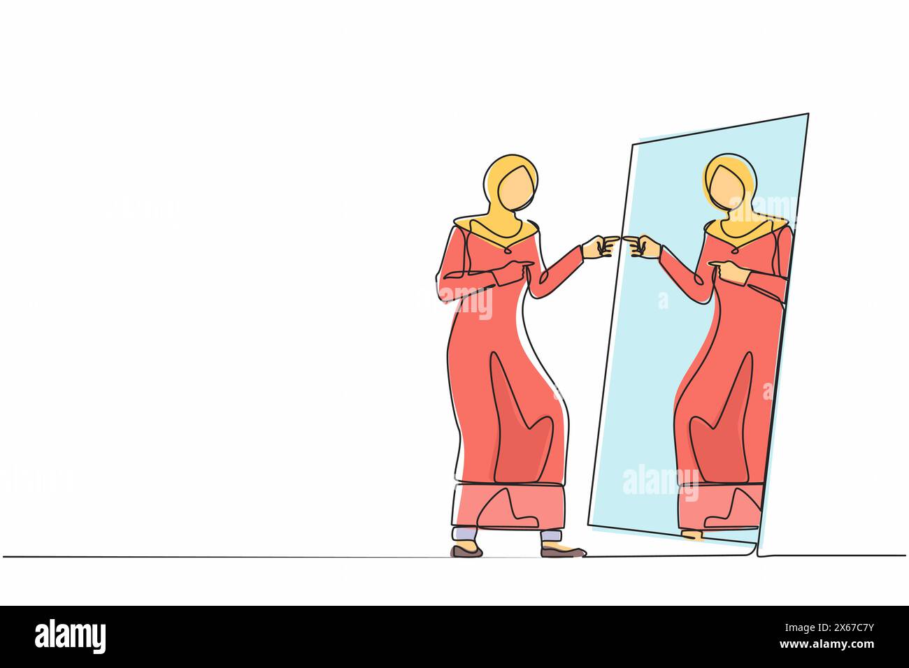 Single continuous line drawing narcissistic Arab businesswoman looks at ...