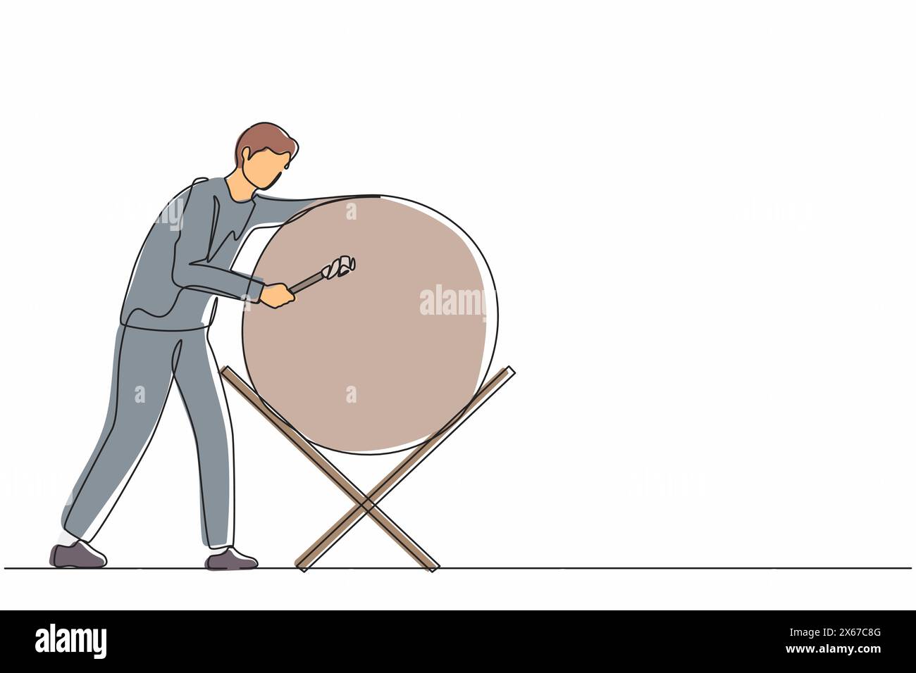 Single one line drawing happy man hitting bedug or traditional drum for ...