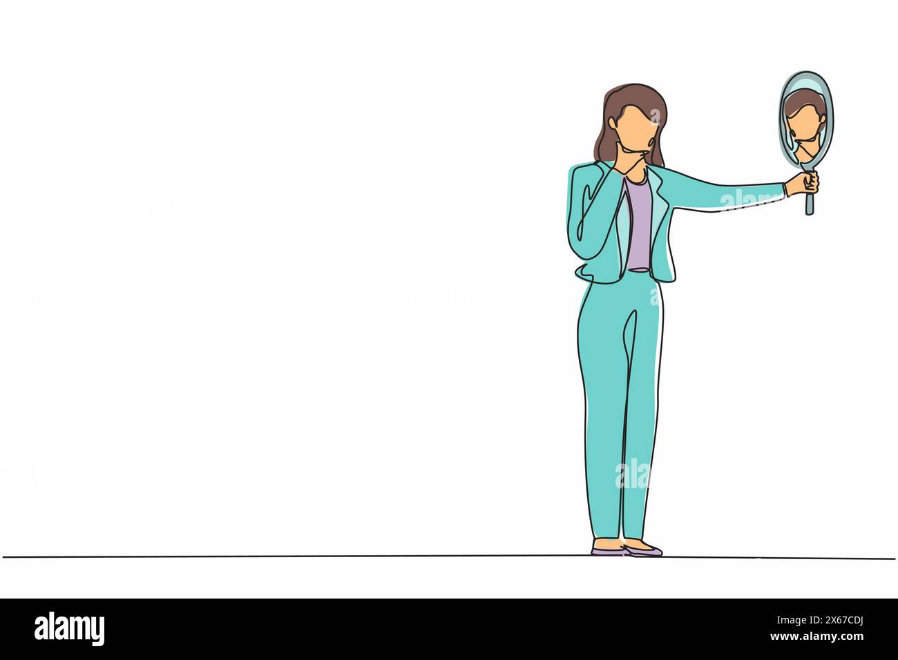 Single one line drawing businesswoman holding hand mirror. Female ...
