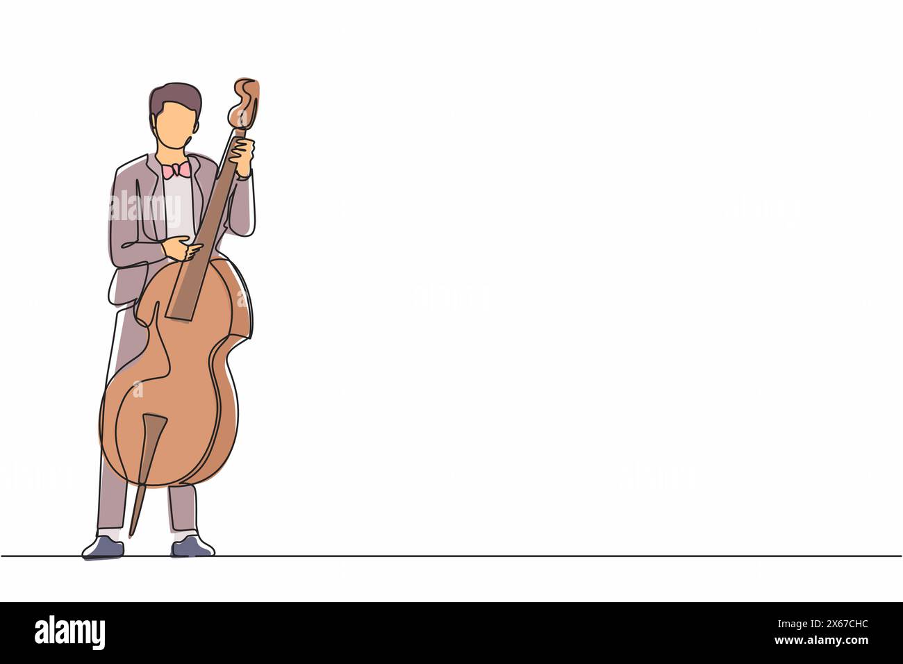 Continuous one line drawing double bass player standing with big string ...