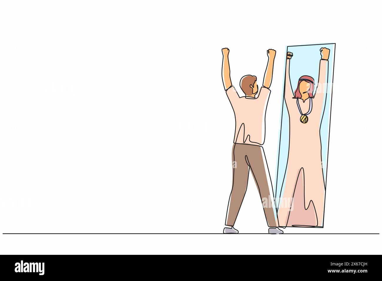 Single one line drawing narcissistic Arab businessman looking at mirror ...