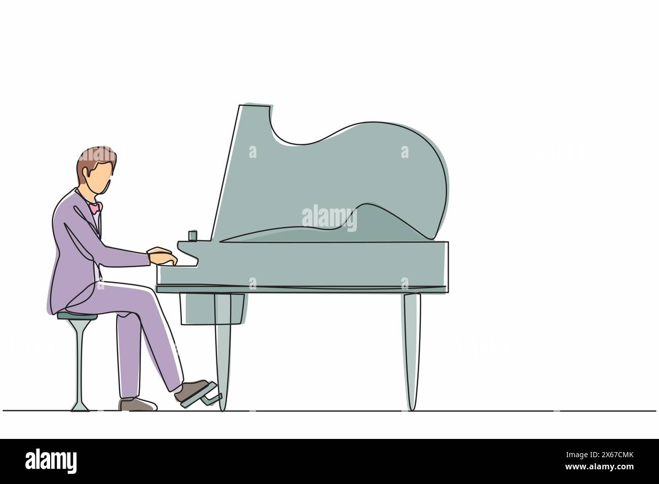 Continuous one line drawing man plays piano. Male performer sits at ...