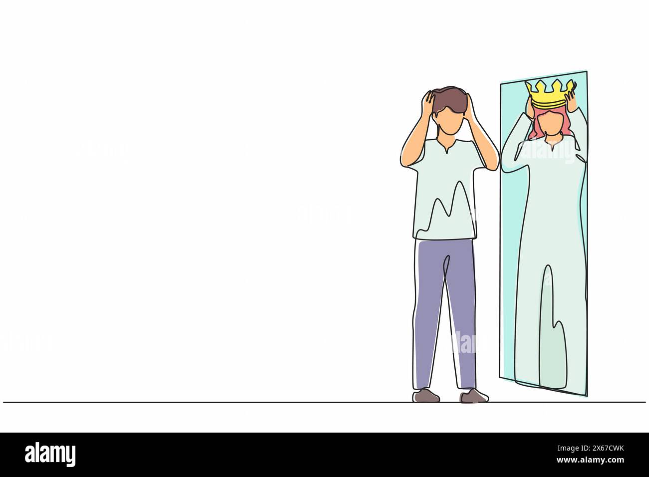 Continuous one line drawing narcissistic Arabian businessman looking at ...