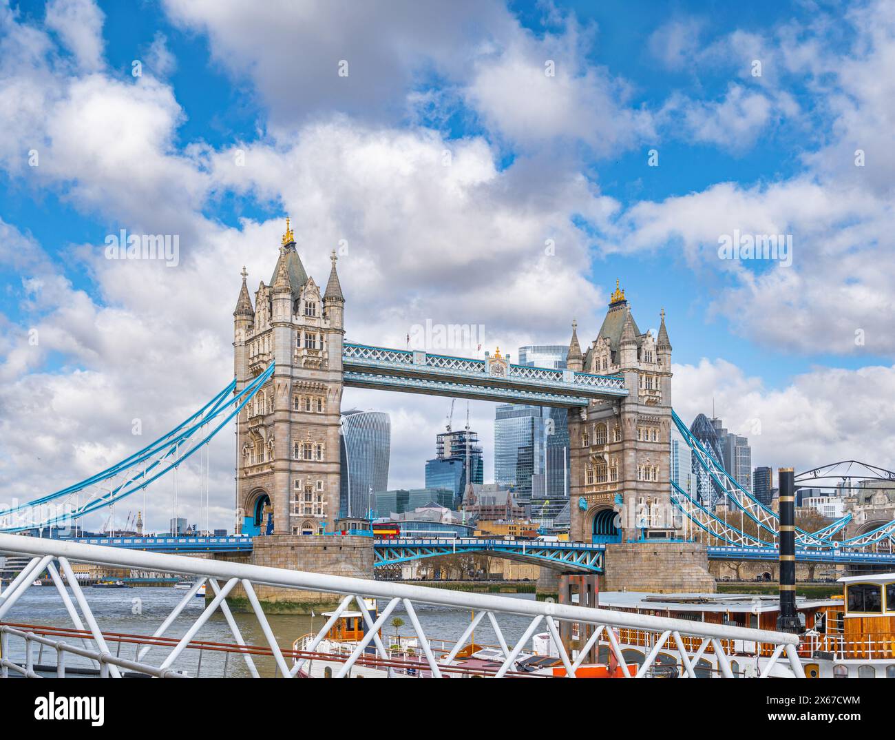 Tower Bridge in London from the ferry docks on the River Thames with ...
