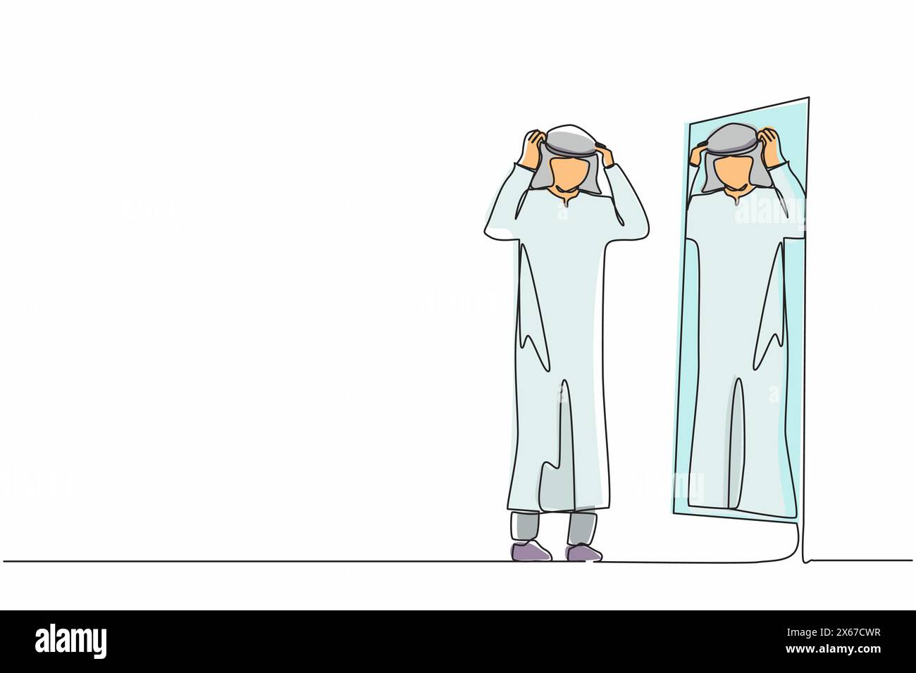 Single one line drawing Arab businessman adjusting turban in front of ...