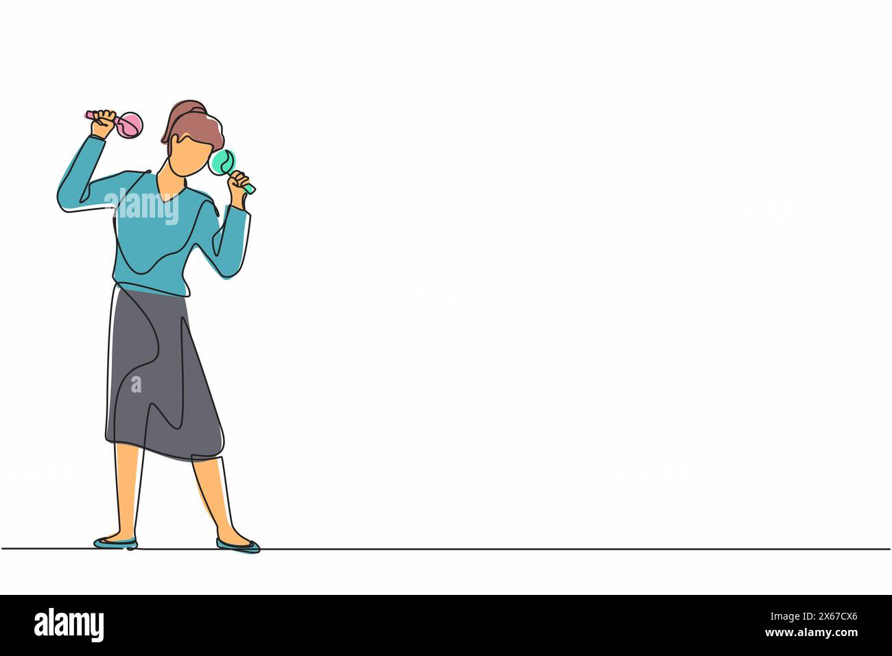 Continuous one line drawing woman street band player mariachi plays ...