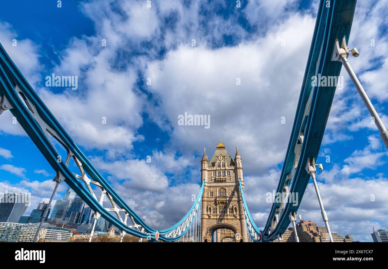 View from below and on the street looking up of Tower Bridge in London ...