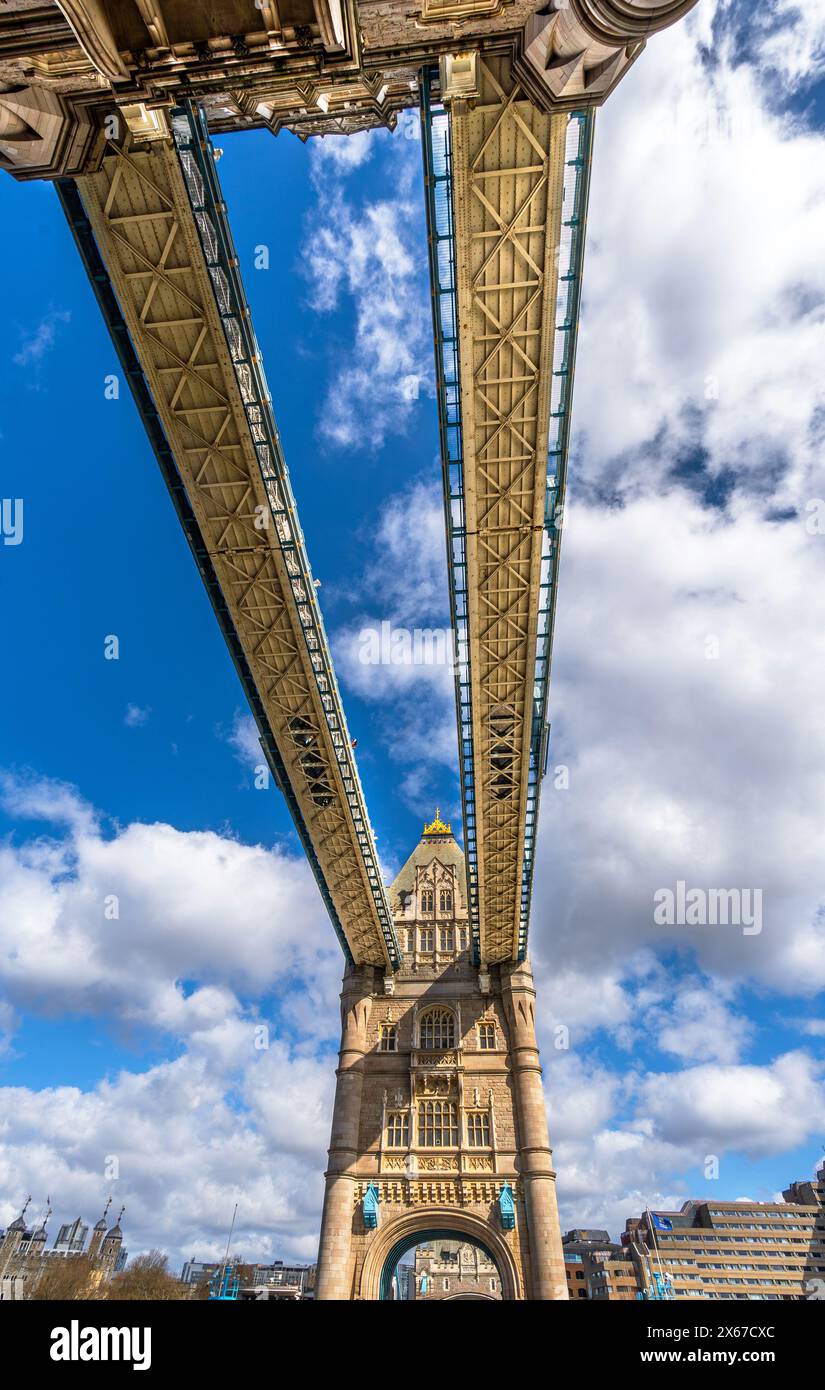 View from below looking up of Tower Bridge, with the view of the ...