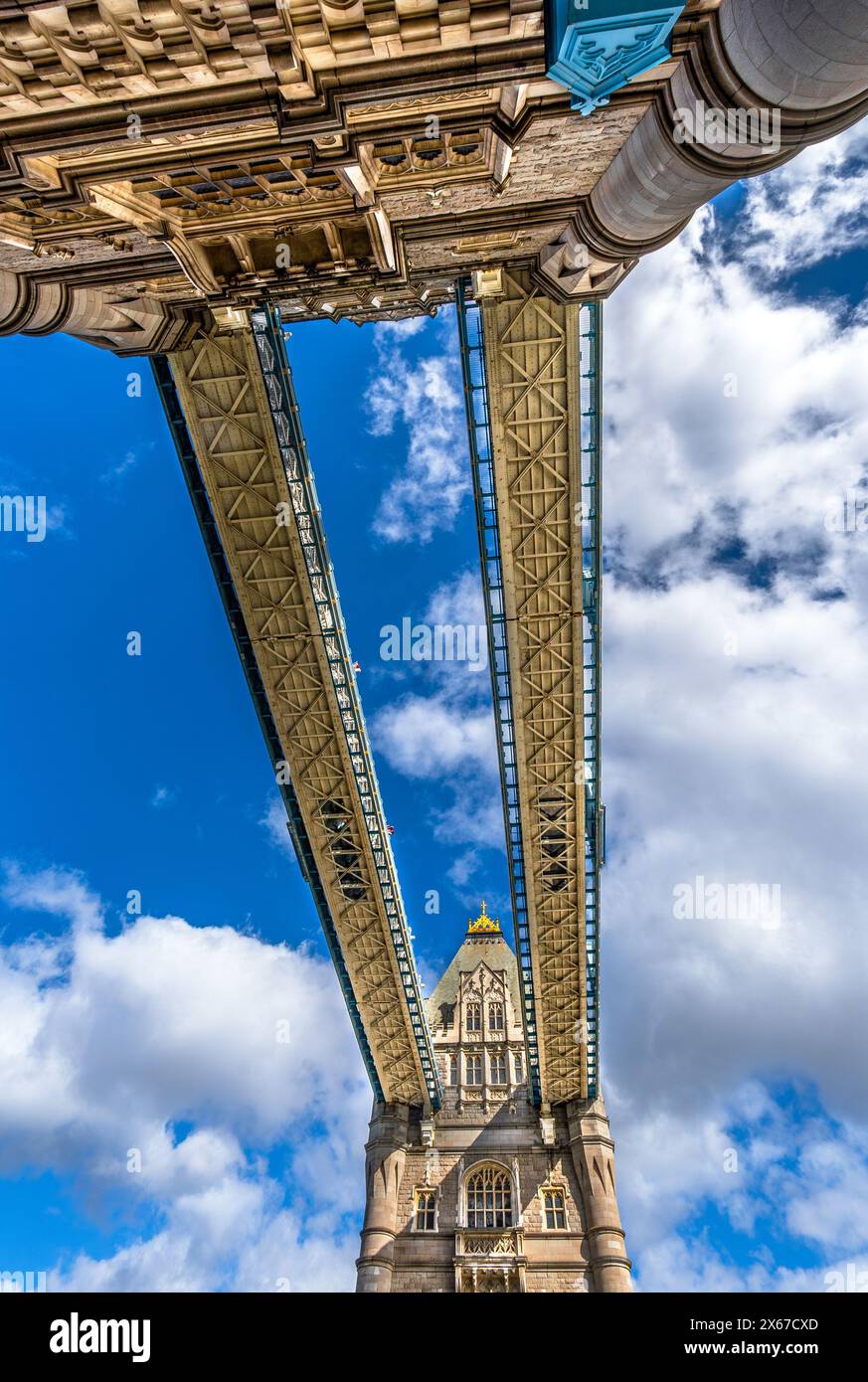 View from below looking up in nadir of Tower Bridge, with the view of ...