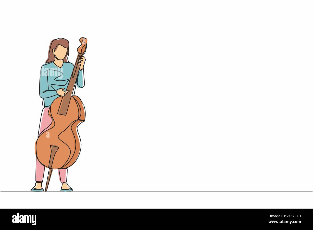 Continuous one line drawing double bass player standing with big string ...