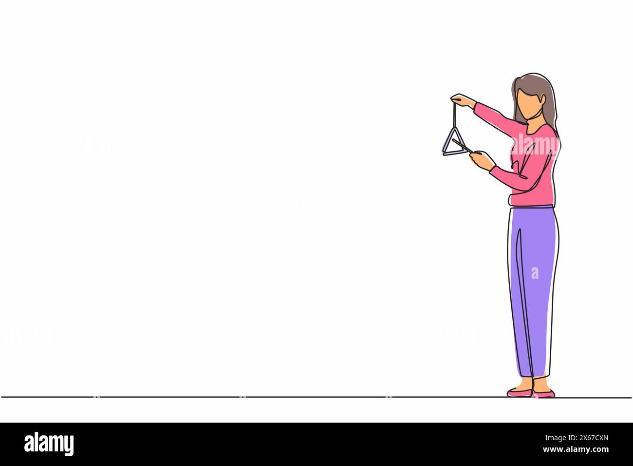 Single continuous line drawing female musician playing musical triangle ...