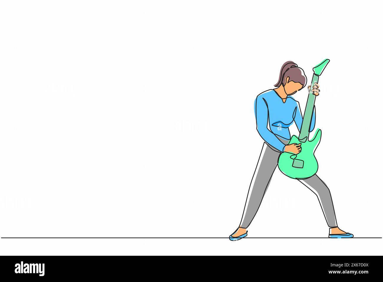 Single one line drawing female musician playing electric guitar. Woman ...