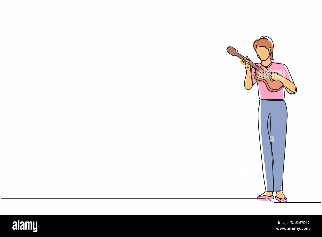 Single continuous line drawing joyful girl playing on ukulele and ...