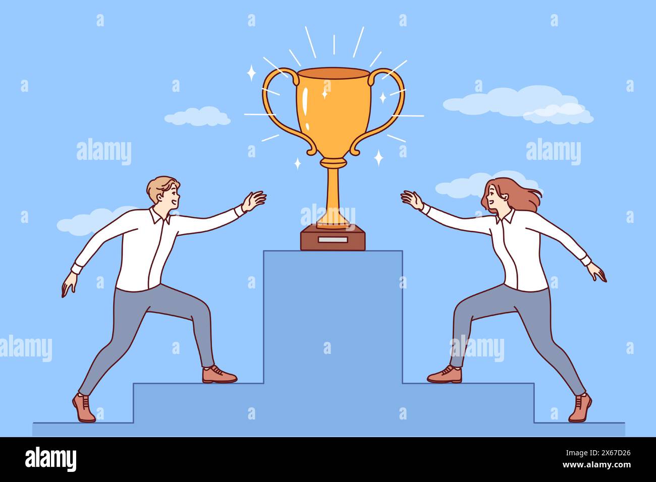 Business people are running towards gold cup from different directions ...