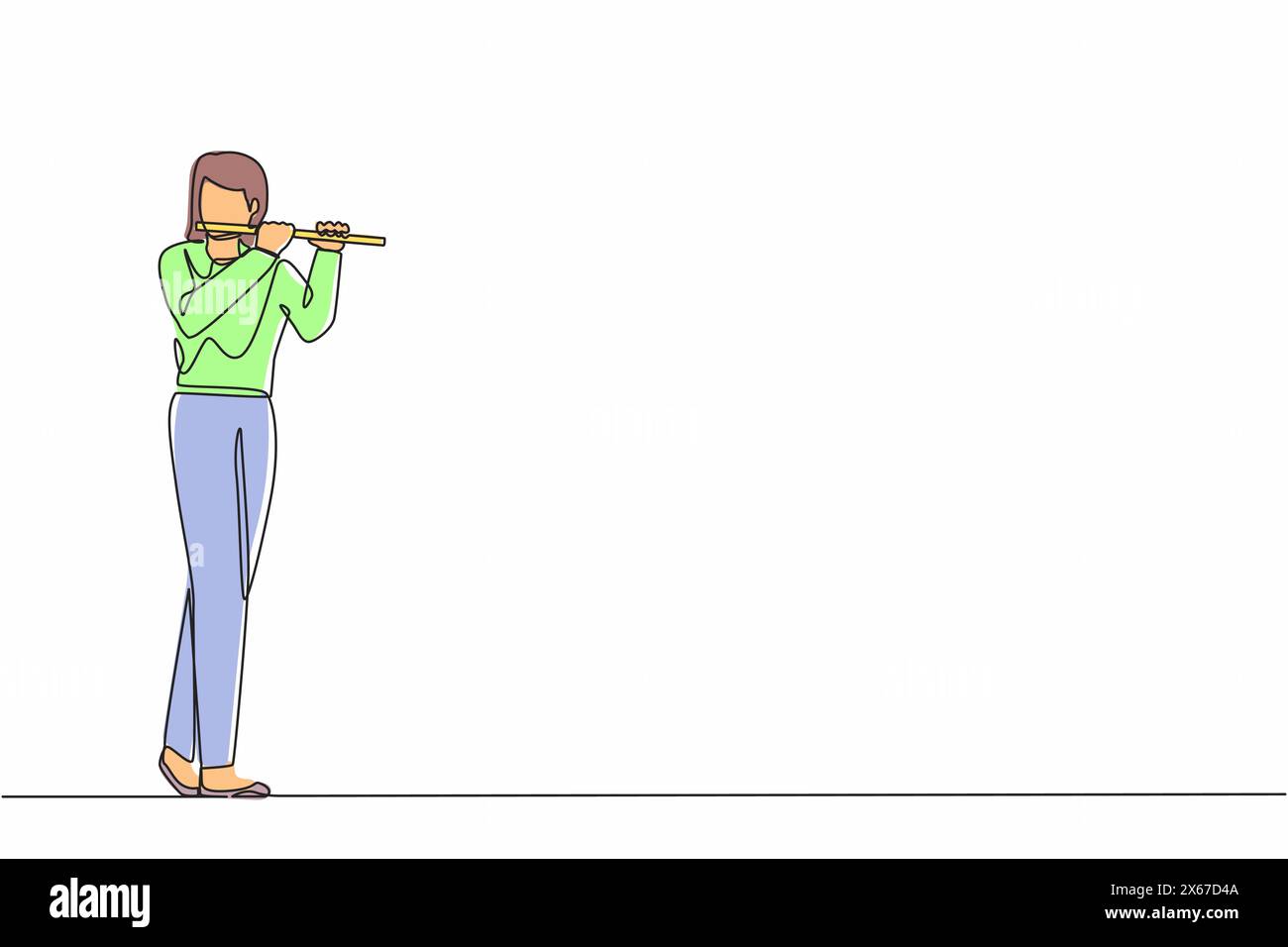 Single continuous line drawing female musician playing flute. Flutist ...