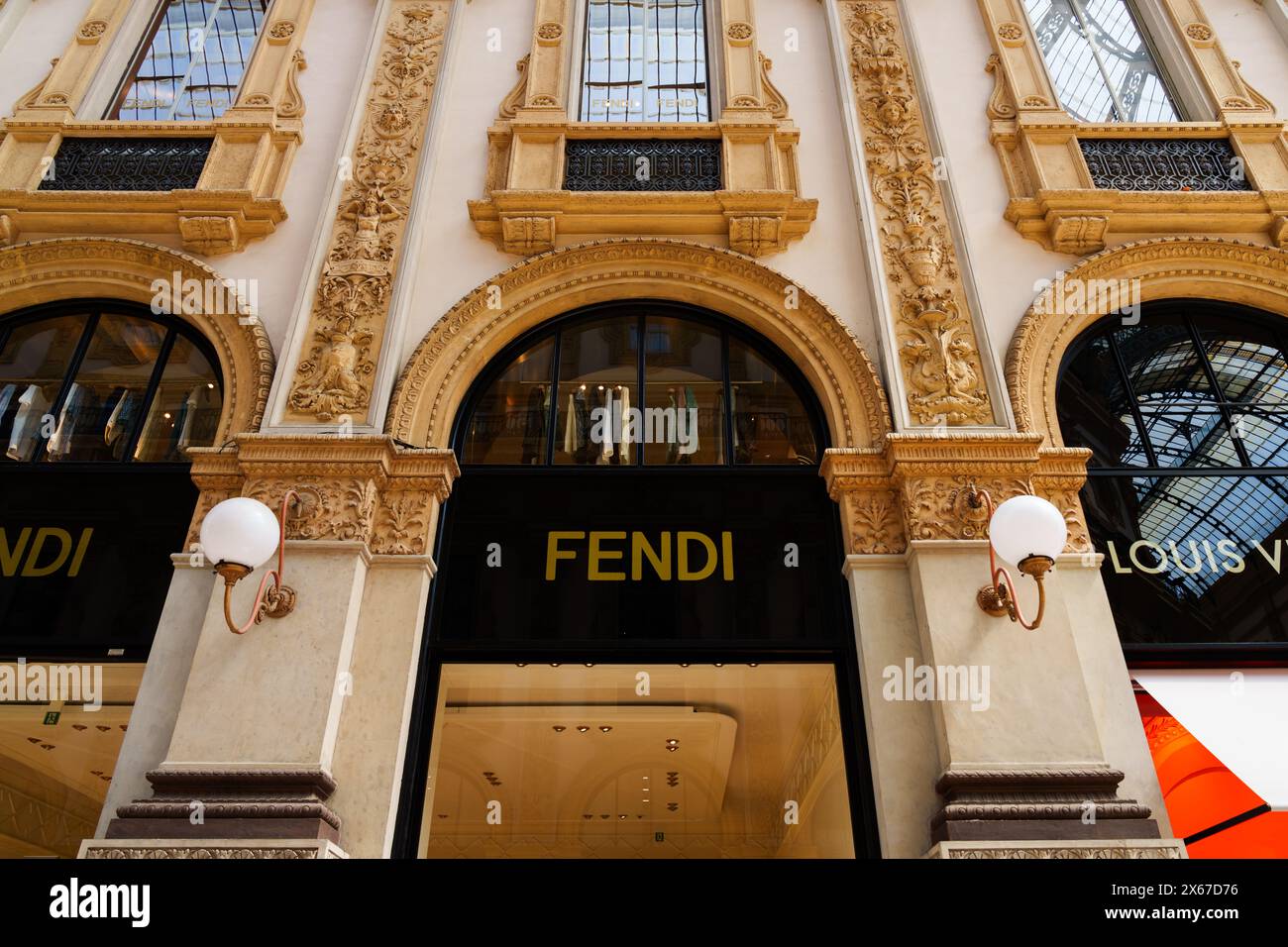 Milan, Italy - 24.04.2024: Fendi showcase located at shopping gallery ...