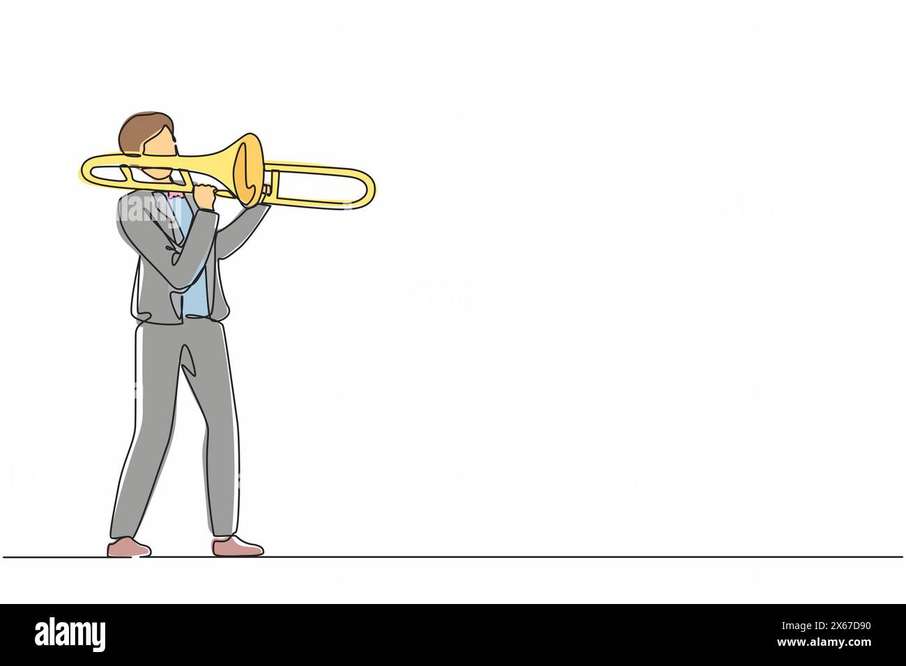 Single one line drawing trombone player. Male performer play wind ...