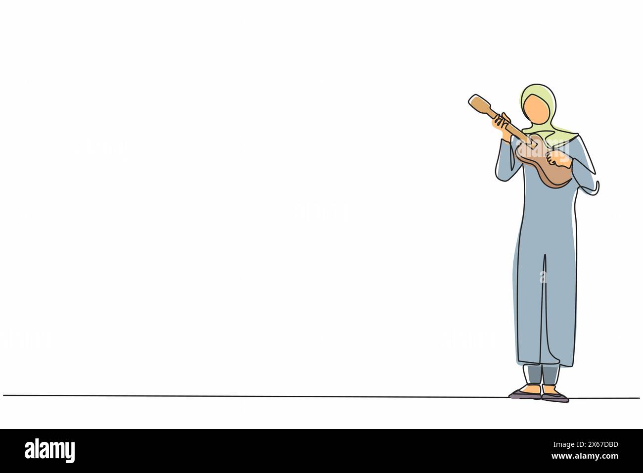 Single continuous line drawing Arabian girl playing on ukulele and ...