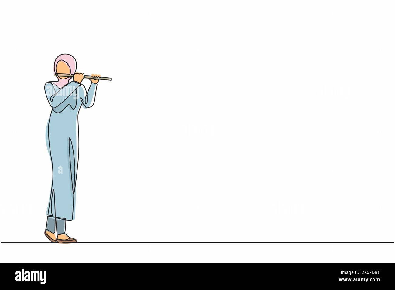 Continuous one line drawing Arabian female musician playing flute ...