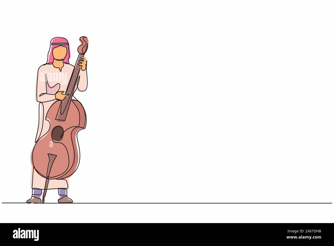 Continuous one line drawing double bass player standing with big string ...