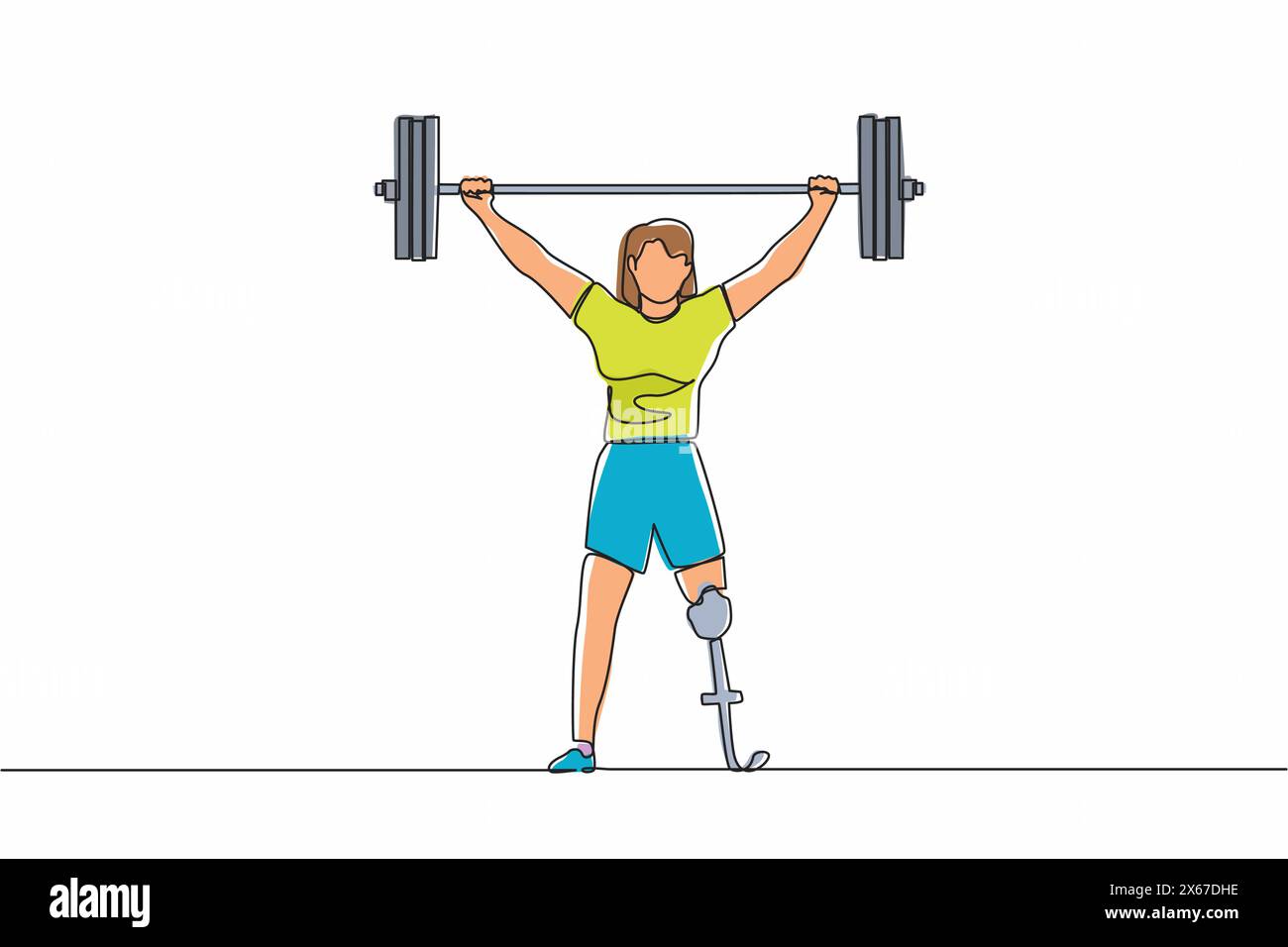 Continuous one line drawing strong disabled bodybuilder sportswoman lifting heavy weight barbell ...