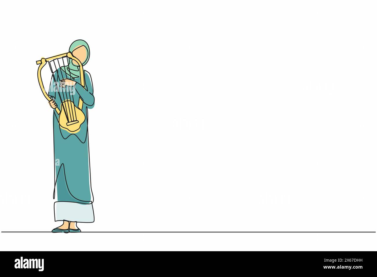 Continuous one line drawing Arab female musician playing musical lyre ...