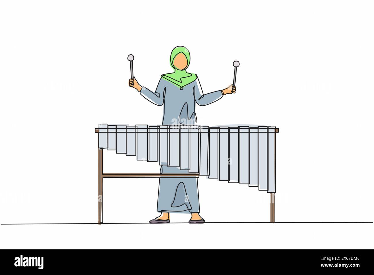 Single one line drawing woman Arabian percussion player play marimba ...