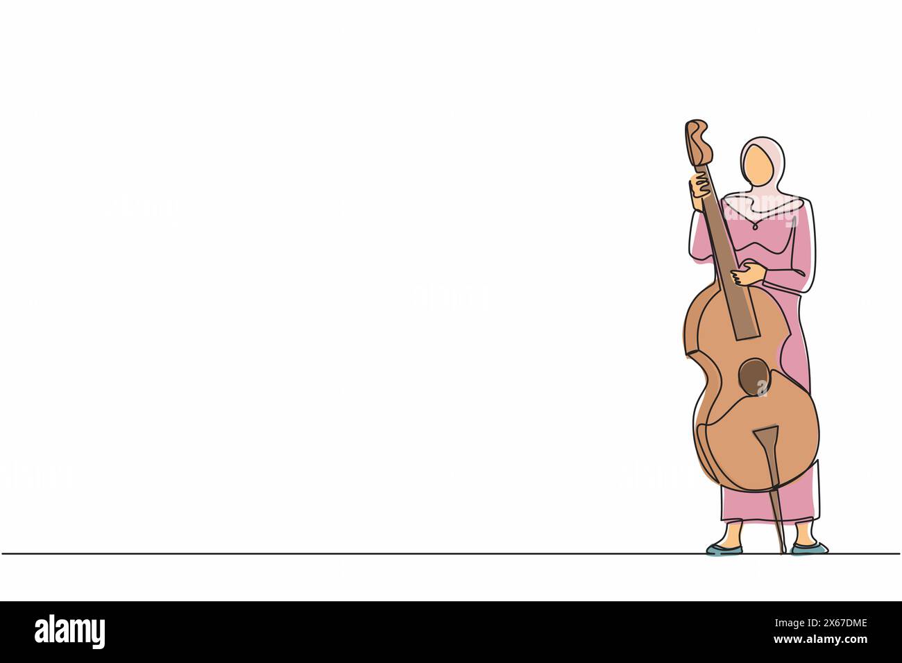 Continuous One Line Drawing Double Bass Arab Player Standing With Big