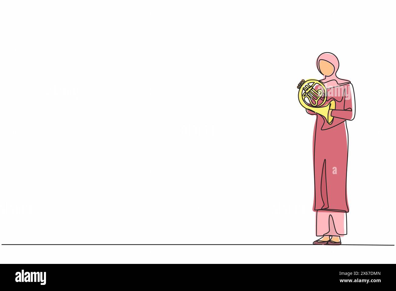 Single continuous line drawing Arab female musician in hijab performing ...