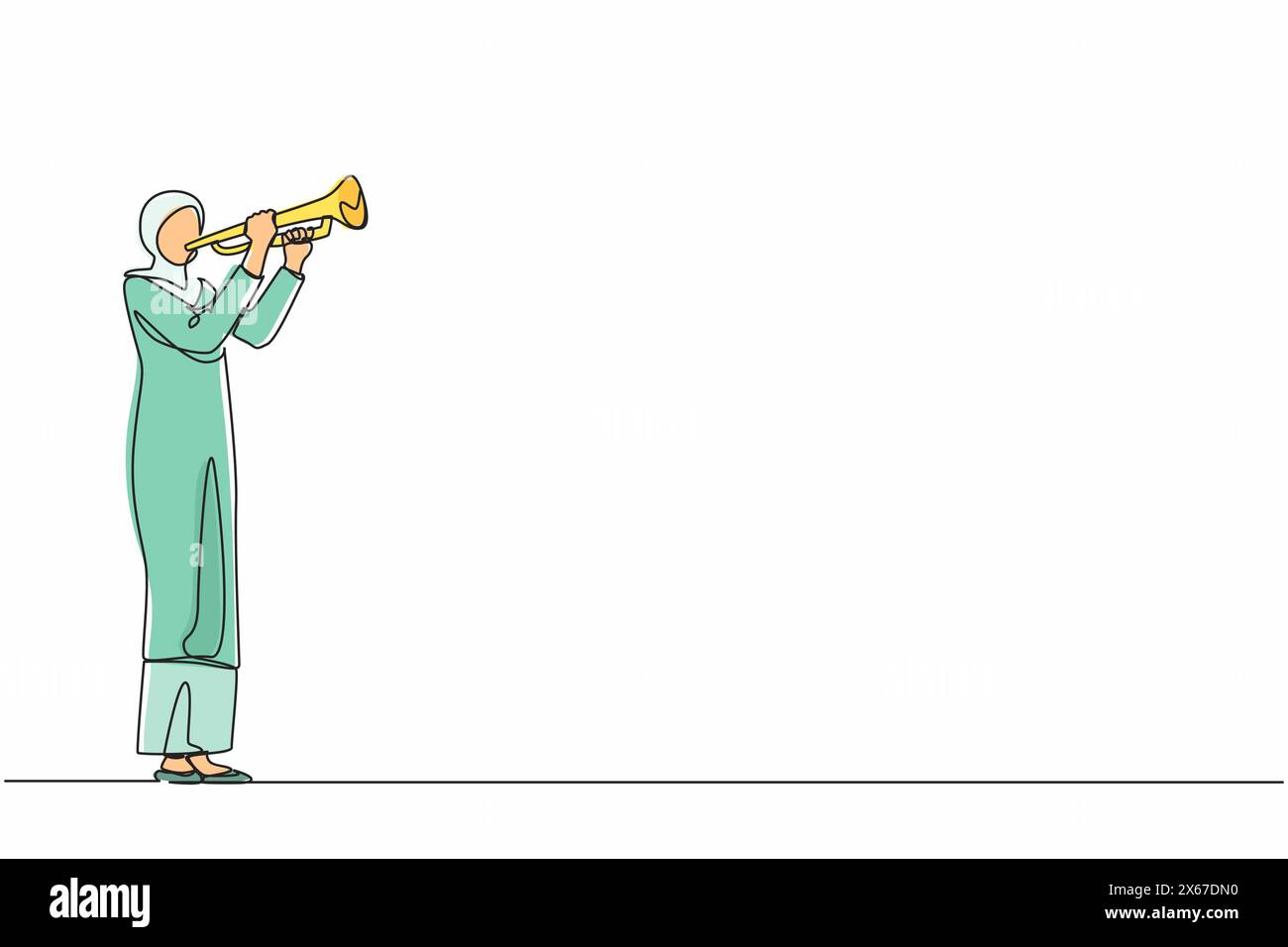 Single continuous line drawing Arab woman playing trumpet. Music ...