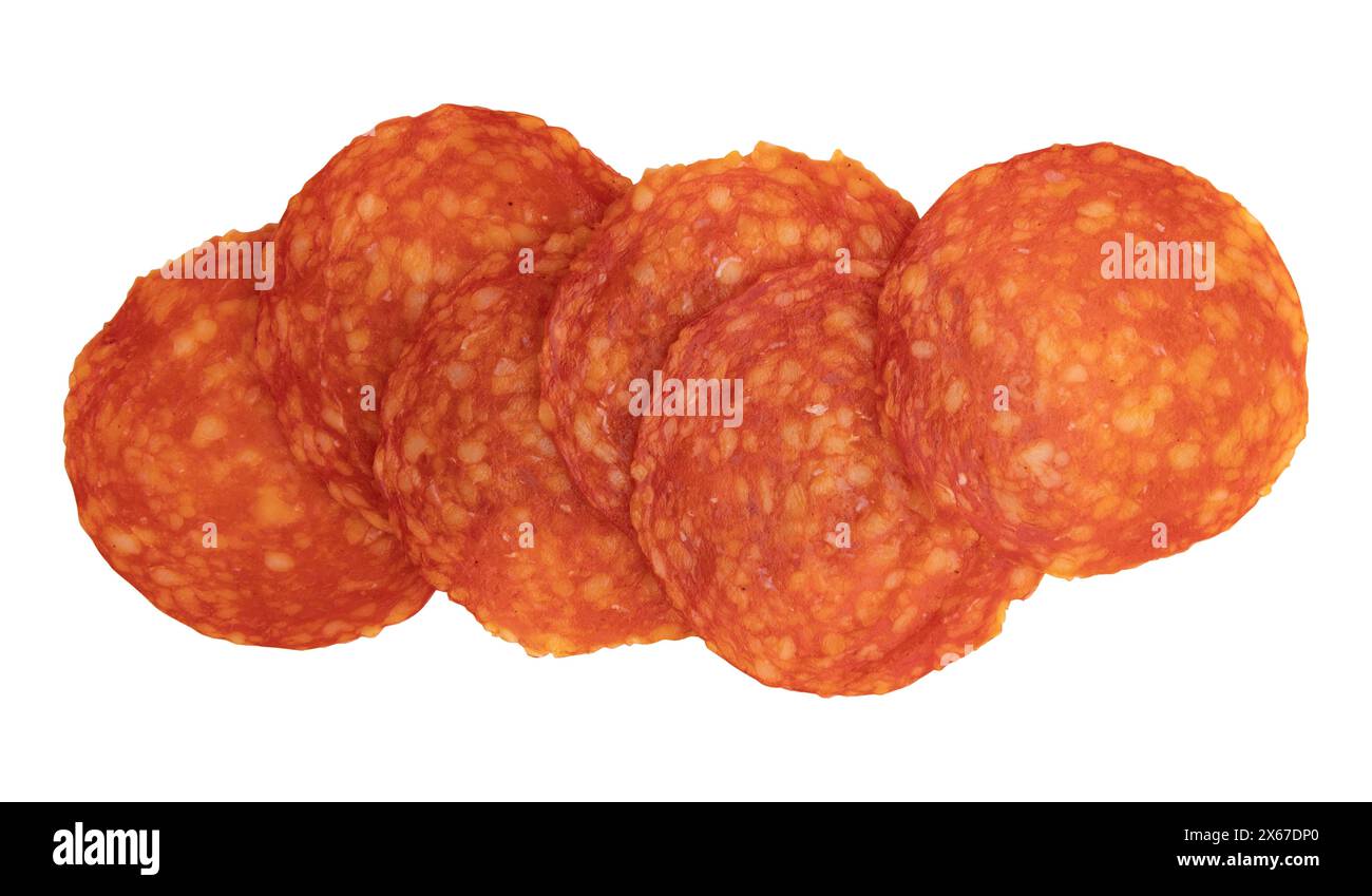 spanish chorizo salami sausage slices laid out to create layout, pepperoni sausage slices with ...