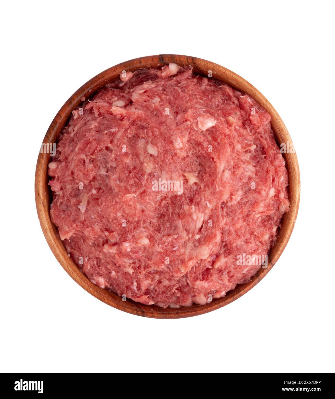 raw fresh minced meat in wooden bowl, pork, beef or mixed forcemeat ...