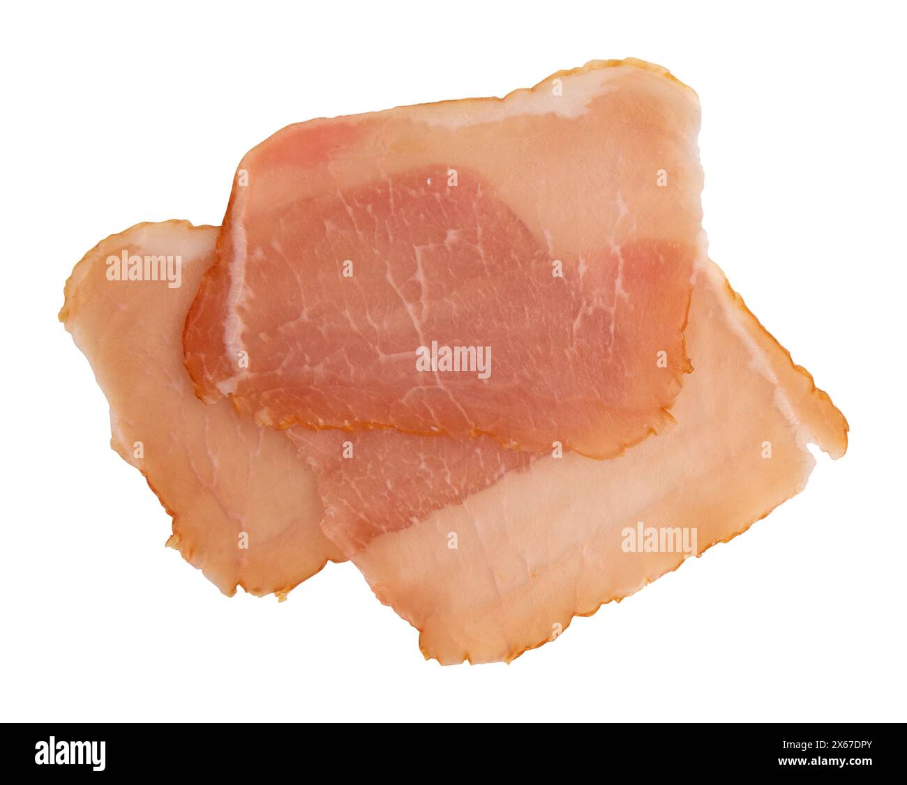 sliced meat pieces, bacon, cold boiled pork, balyk isolated on white ...