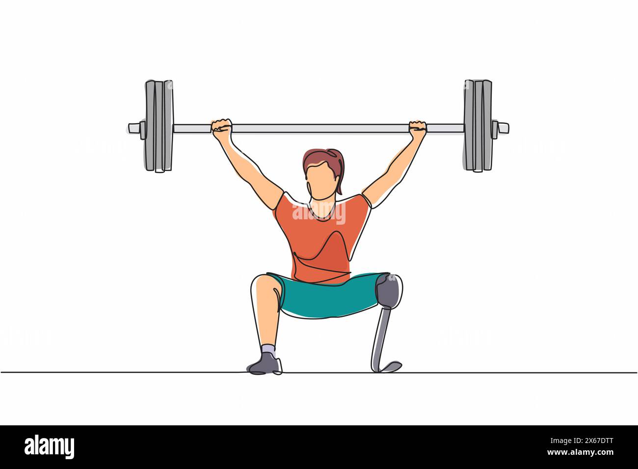 Single continuous line drawing disabled woman weightlifter with ...