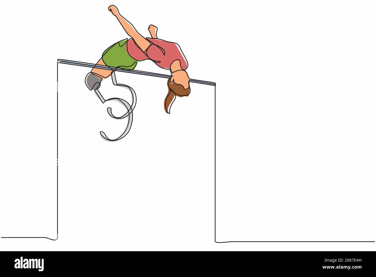 Single continuous line drawing disabled woman doing exercise and become ...